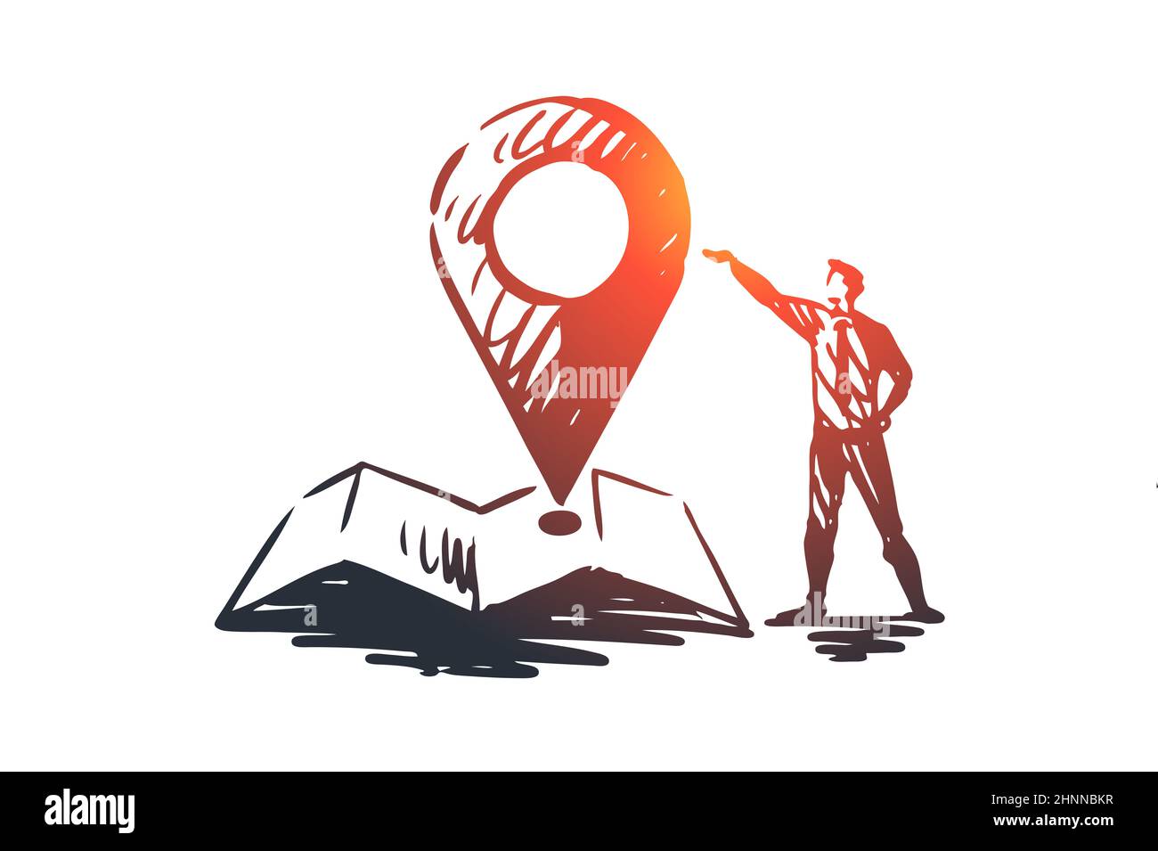 Luogo, insegna, posizione, pin, concetto di mappa. Uomo disegnato a ...