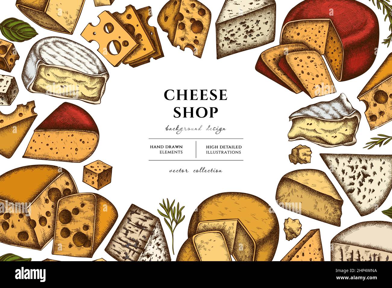 Formaggio disegno a mano disegno illustrazione. Sfondo con retrò brie ...