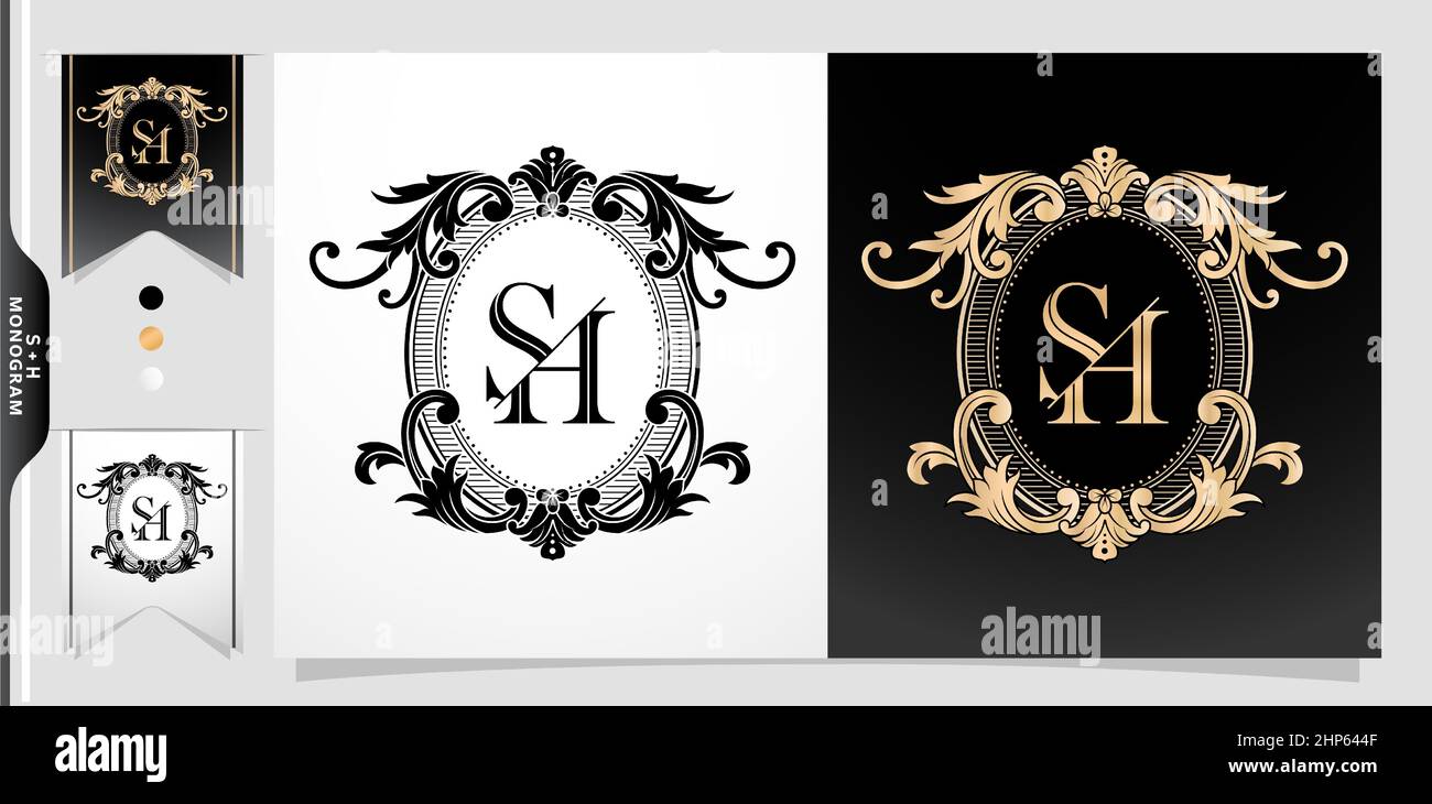 Illustrazione di un monogramma SH o HS, stemma SH lettera iniziale. Nome grafico Cornici e bordo ...