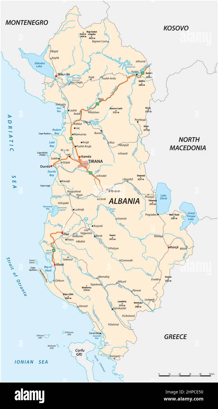 Mappa stradale vettoriale dettagliata della Repubblica d'Albania ...