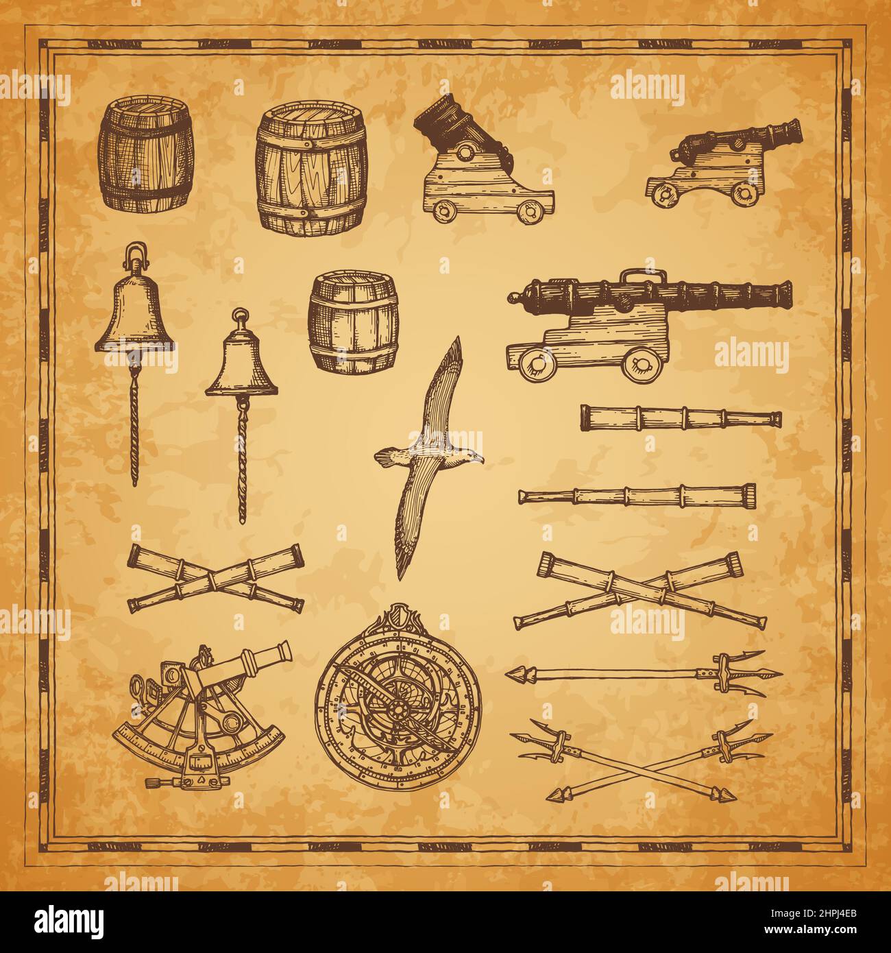 Cannone, barile e spyglass, campana, tridente e astrolabio, schizzo ...