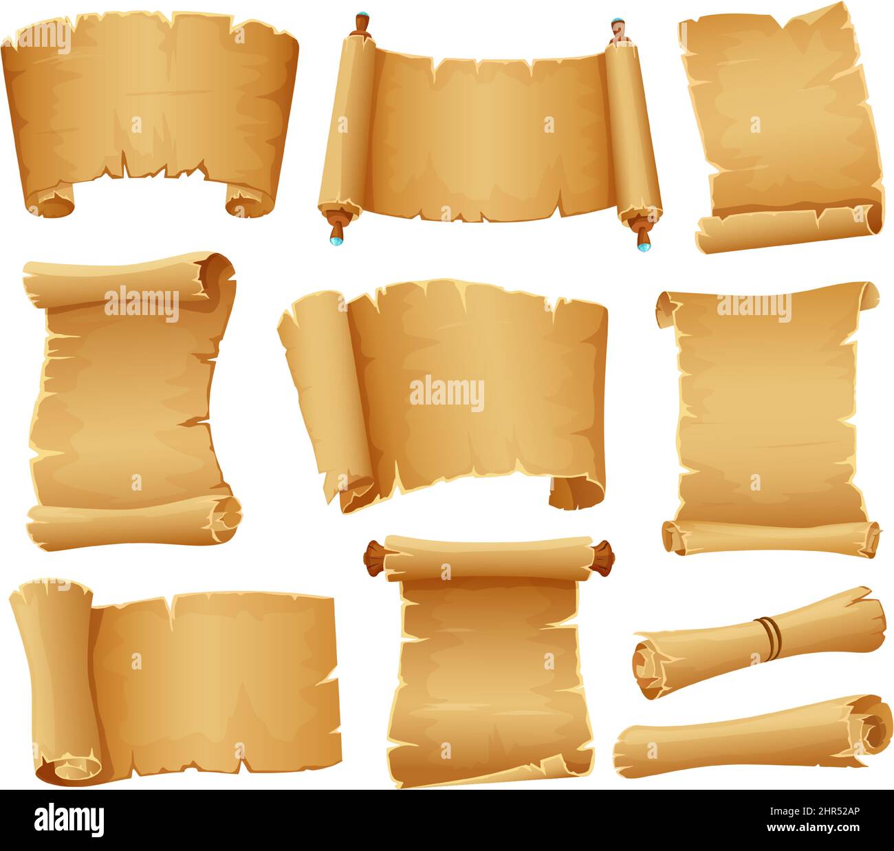 Rotoli di cartoni animati, carta pergamena antica, rotolo di papiro ...
