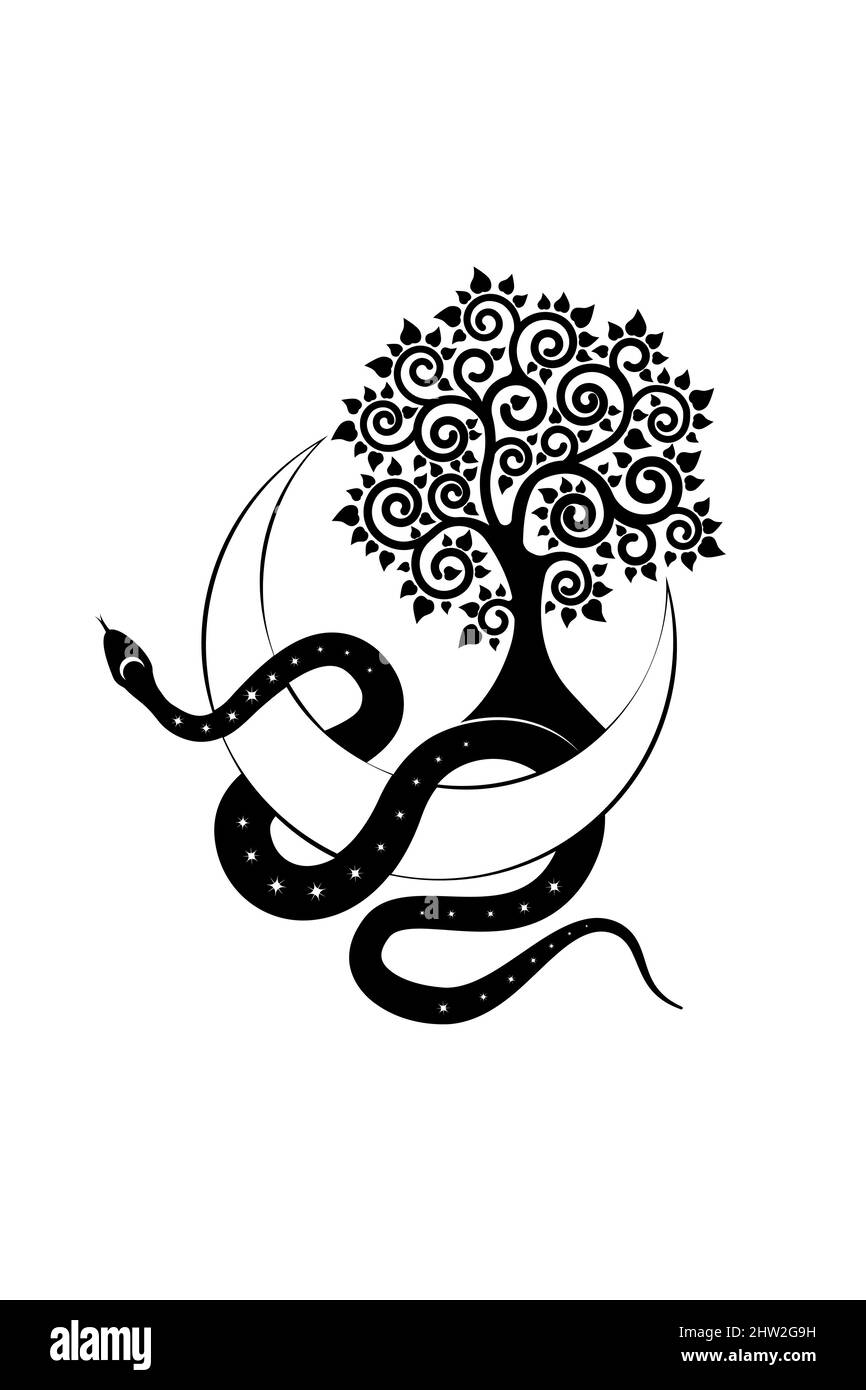 Serpente nero su Luna Crescent e albero della vita. Geometria sacra ...