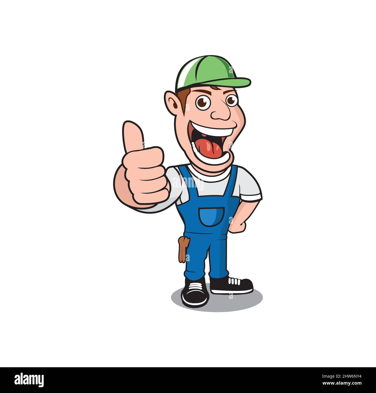 Divertente lavoratore sorridente e indossare cappello dando i pollici ...