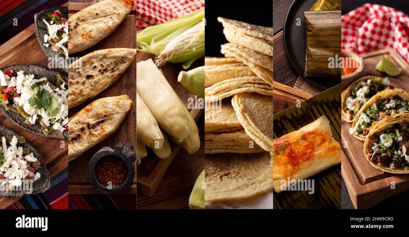Collage di diversi assortimenti di Street food messicano a base di mais ...