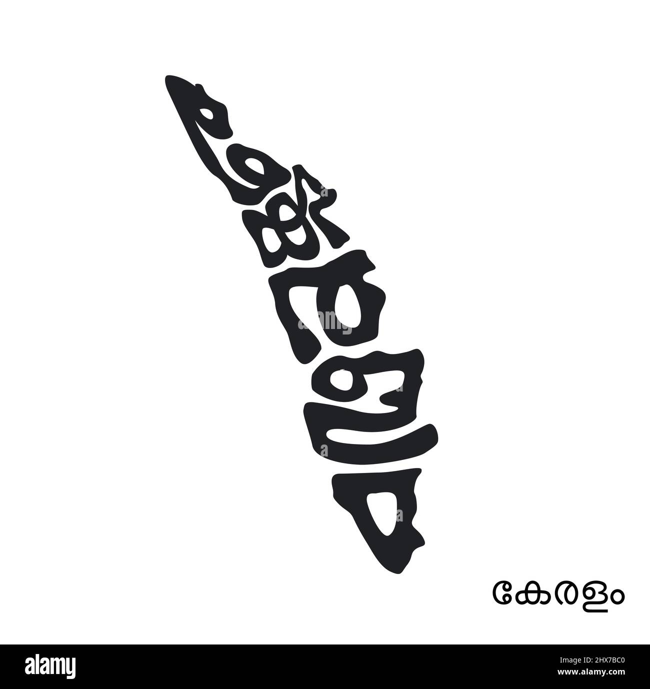 La tipografia della mappa di Kerala con lo scritto di malayalam. Kerala ...