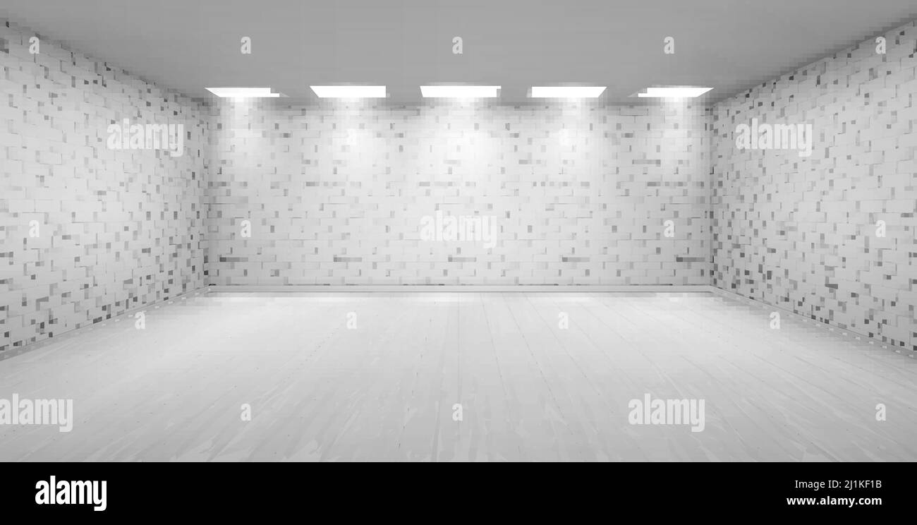 Camera vuota con pareti in mattoni bianchi, pavimento in legno e ...