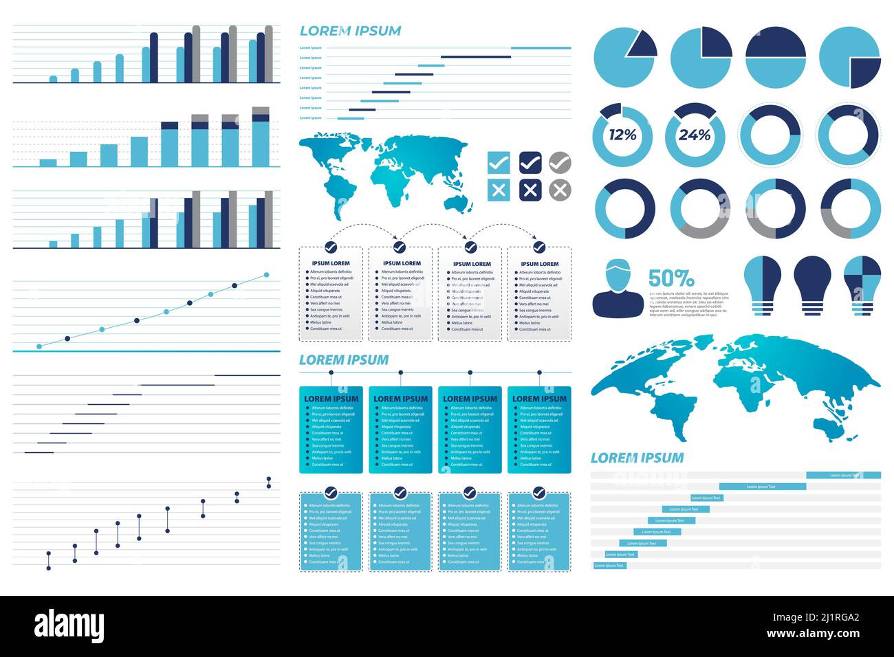 Elementi infografici con grafici, mappa, elenchi e simboli percentuali ...