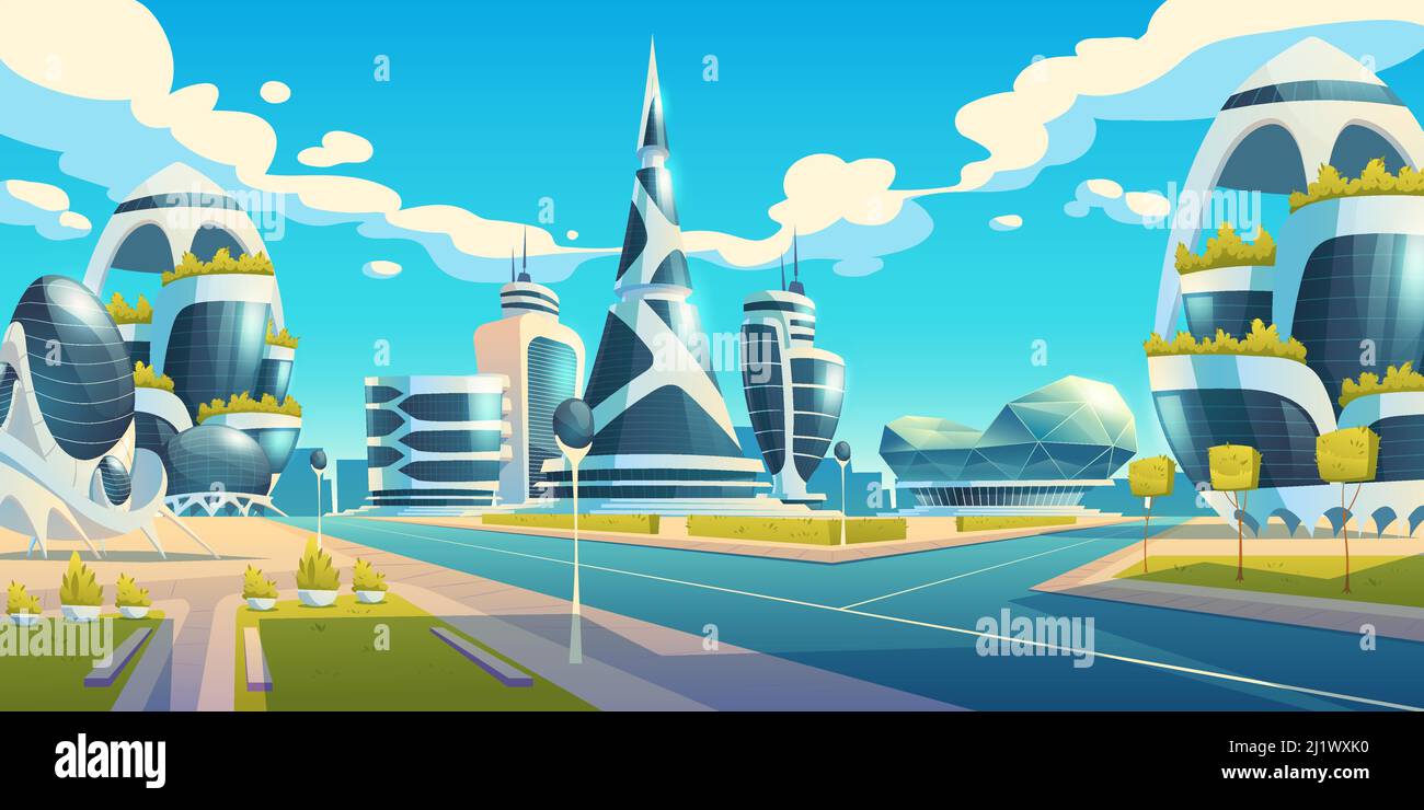 Città futura, futuristici edifici in vetro di forme insolite e piante ...