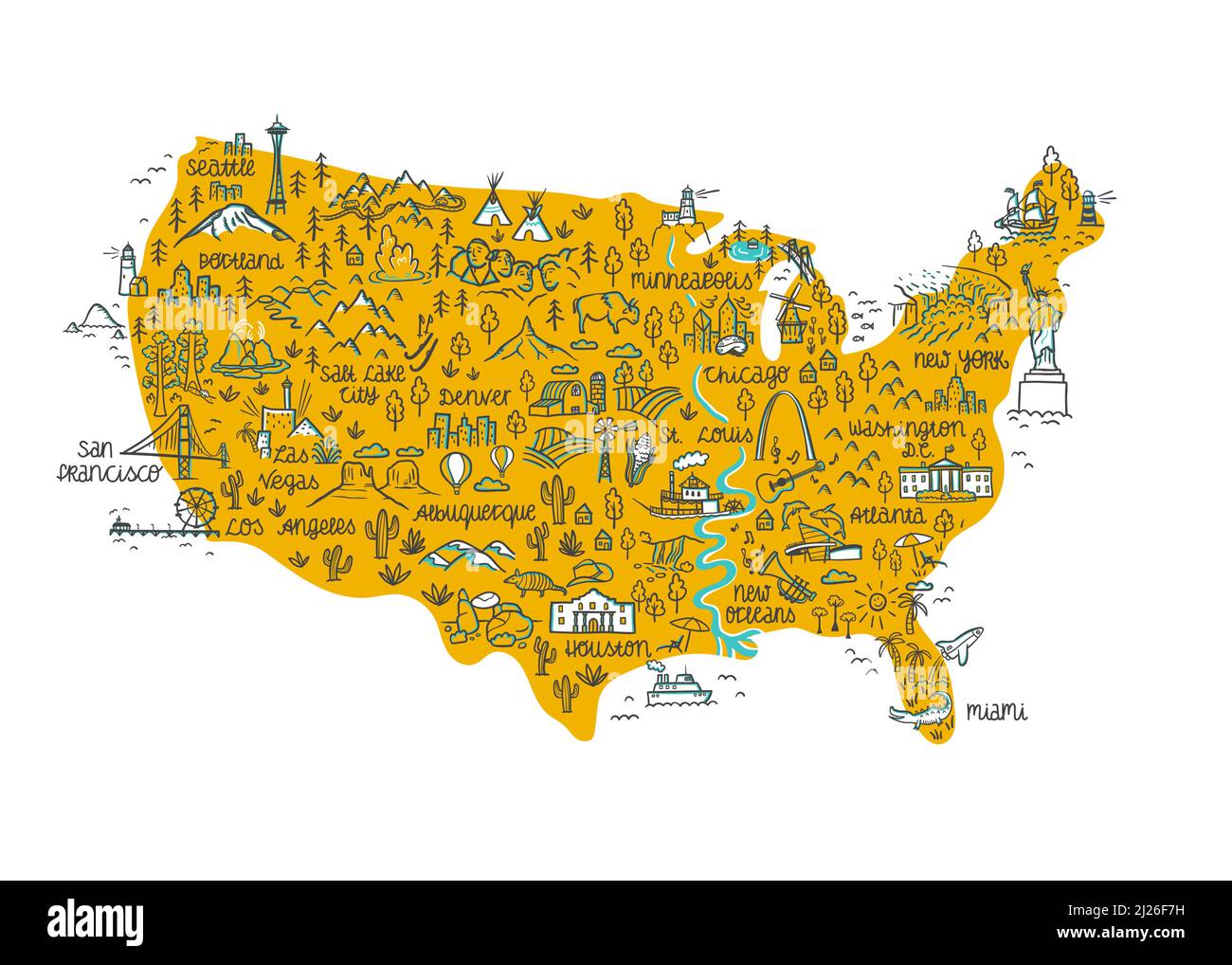 Carina mappa disegnata a mano degli Stati Uniti, luoghi di interesse ...