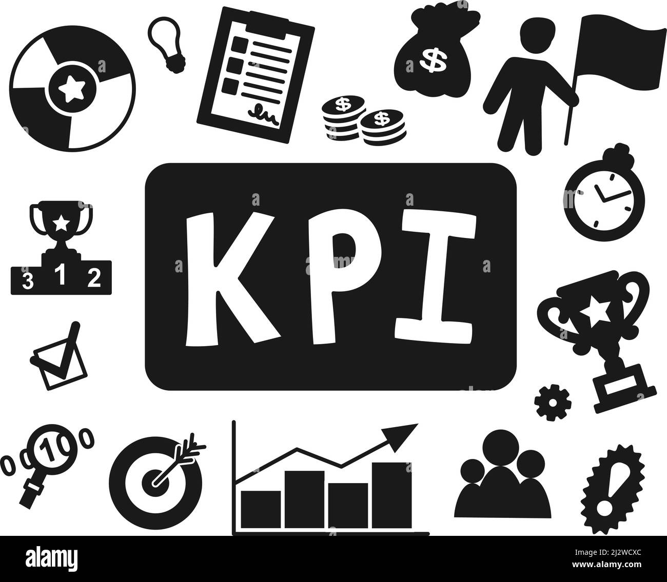 Poster kpi in bianco e nero. Silhouette icona Set Key Performance ...