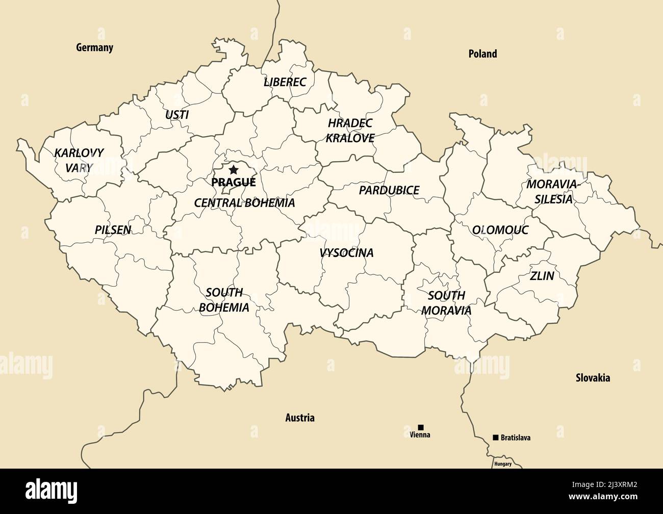Mappa vettoriale delle regioni della Repubblica ceca con i paesi e ...