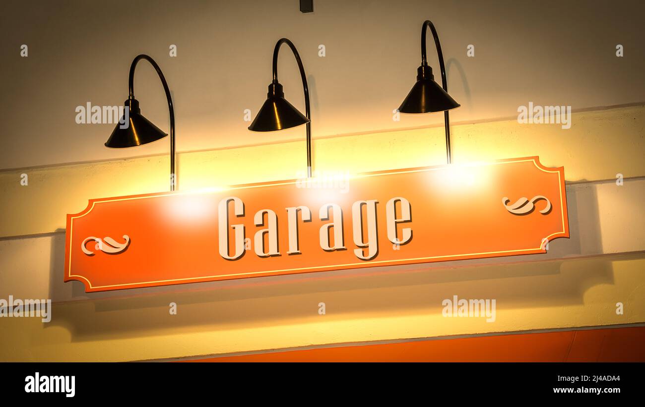 Cartello stradale direzione modo per garage Foto stock - Alamy