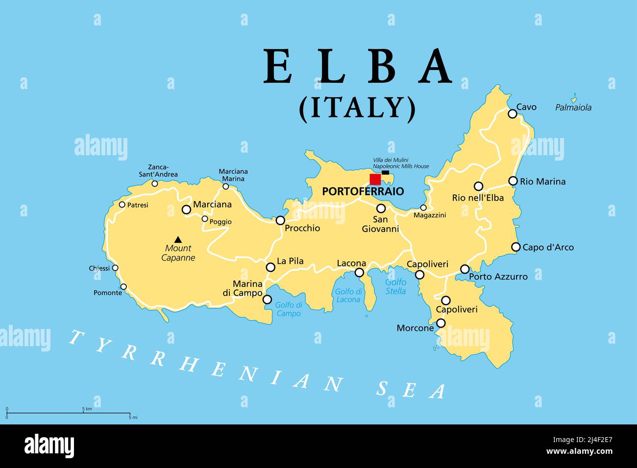 Elba, mappa politica, isola mediterranea in Toscana, Italia, con ...