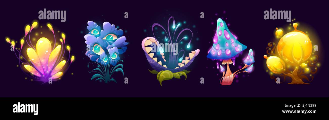 Fantasy funghi, fiori e alberi, pianeta alieno o magico gioco piante ...