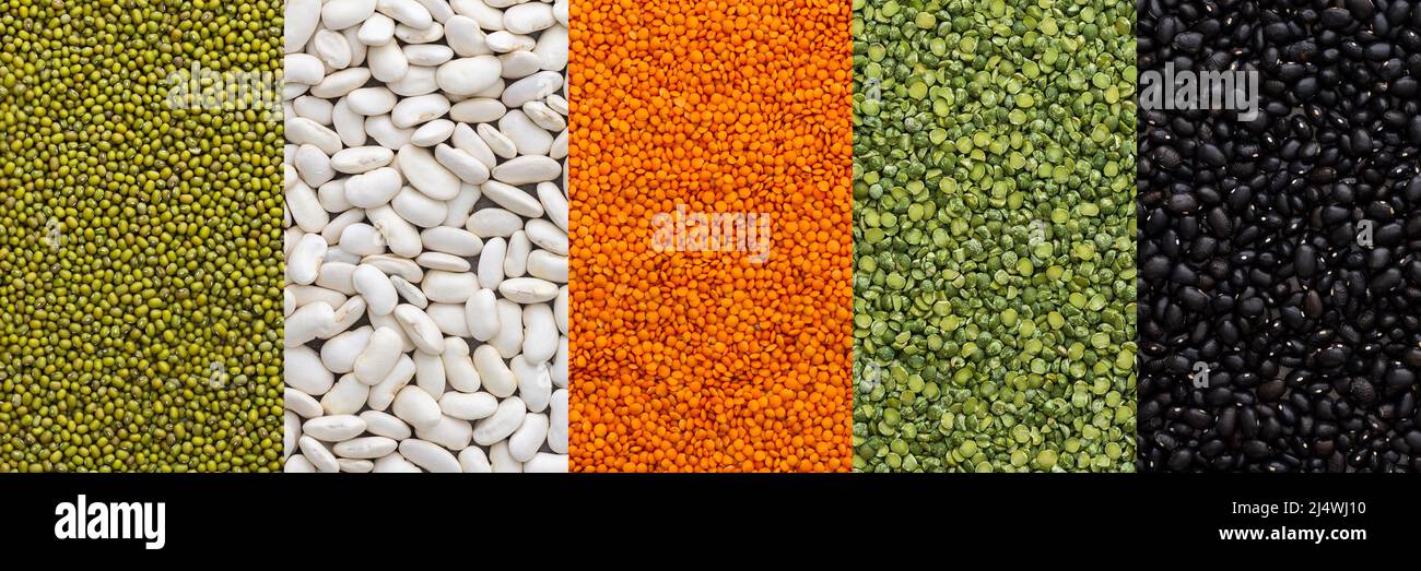 Diversi tipi di legumi banner, lenticchie e fagioli, piselli verdi e ...