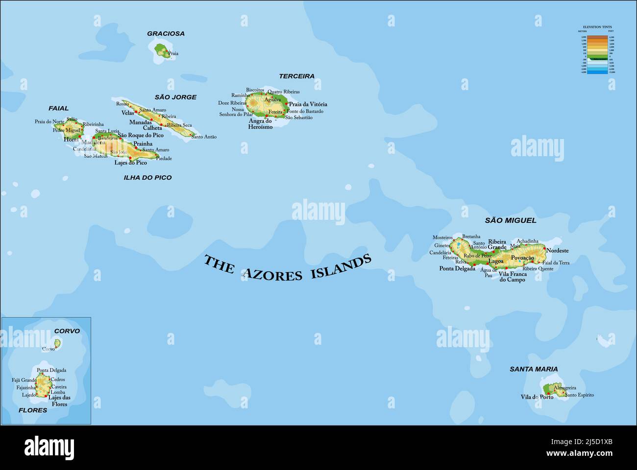 Mappa fisica molto dettagliata delle isole Azzorre, in formato ...