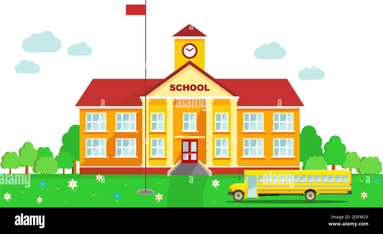 Sfondo panoramico con edificio scolastico e scuolabus in stile piatto Immagine e Vettoriale - Alamy