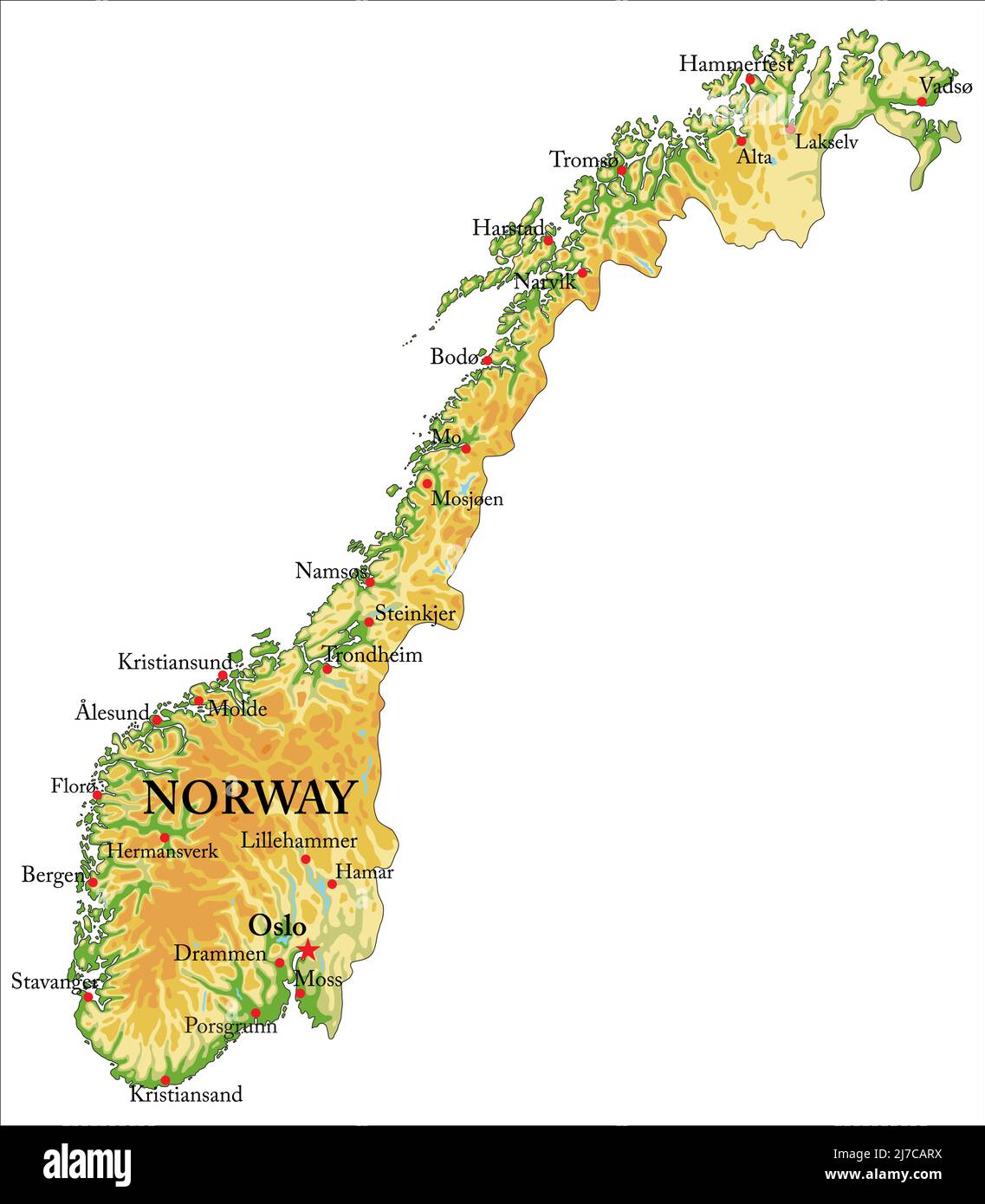 Mappa fisica altamente dettagliata della Norvegia, in formato ...