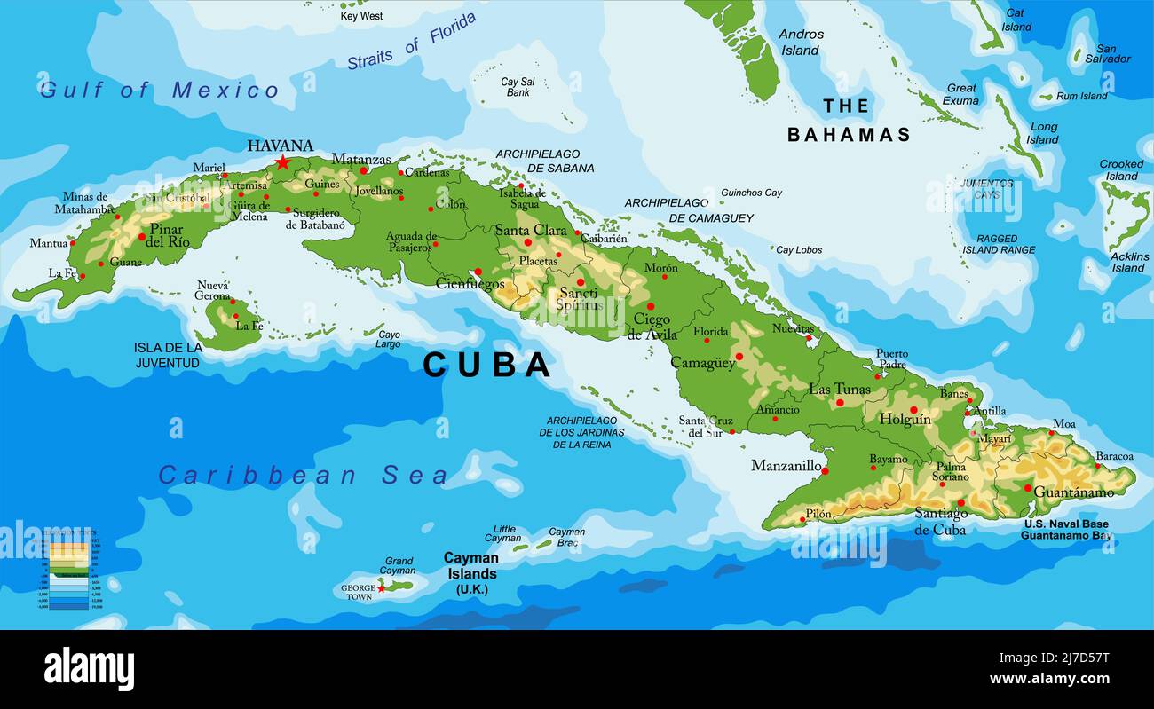 Mappa fisica molto dettagliata di Cuba, in formato vettoriale, con ...