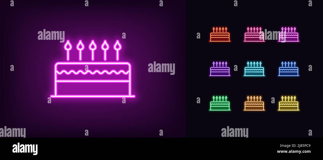 Contorno torta al neon icona. Torta al neon incandescente con candele ...