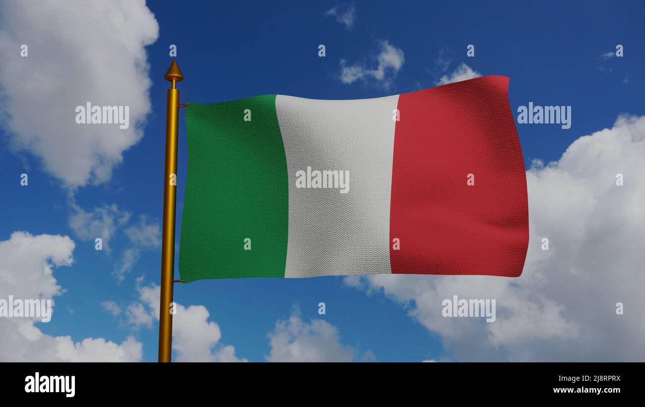 Bandiera nazionale d'Italia onda 3D Render con flagpole e cielo blu ...