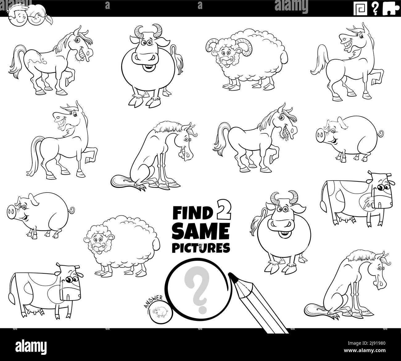 Illustrazione di cartoon in bianco e nero di trovare due stesse ...