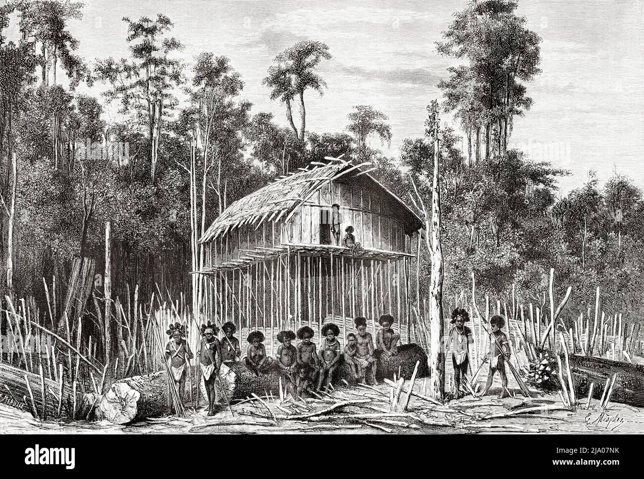 Casa tradizionale su palafitte nel villaggio di Aiambori, Papua Nuova ...