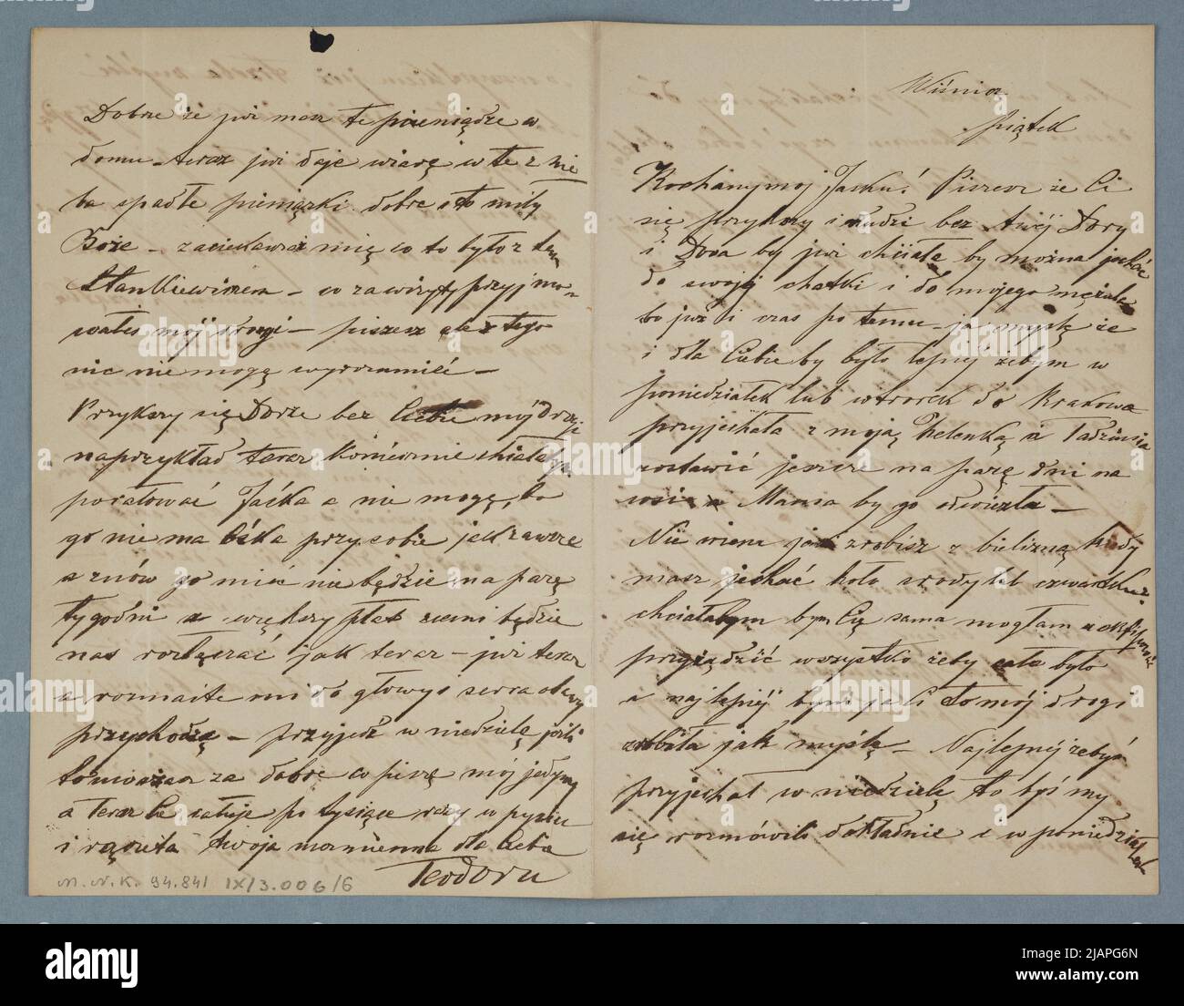 Lettera di Teodora Matejkowa al marito di Jan. Wiśnicz Venerdì, caro ...