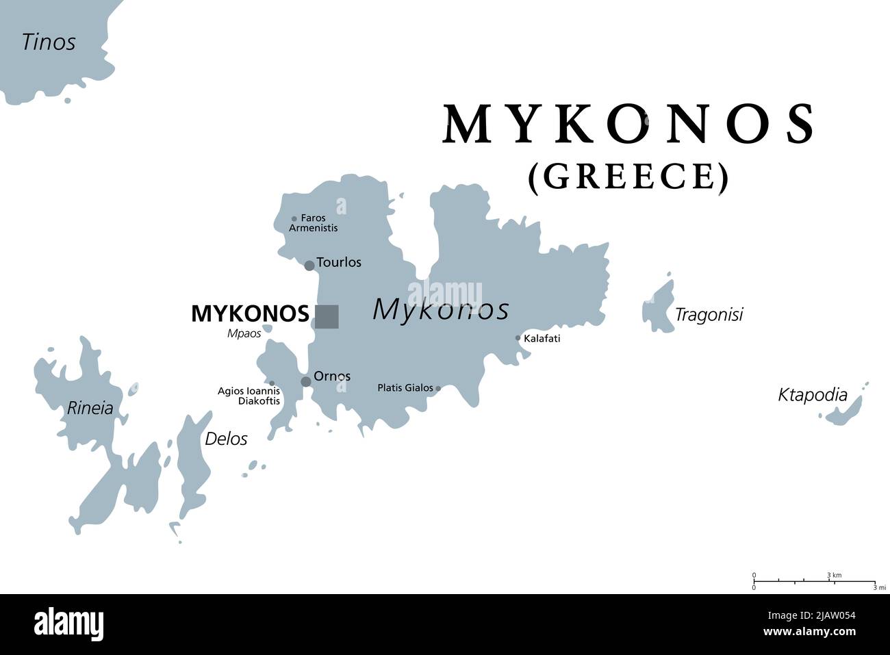 Mykonos, un'isola della Grecia, mappa politica grigia. Isola greca nel ...
