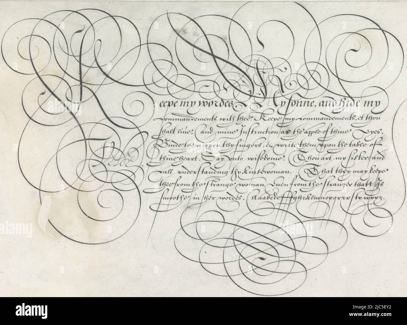 Disegno calligrafico con la K iniziale e otto righe di testo in inglese ...