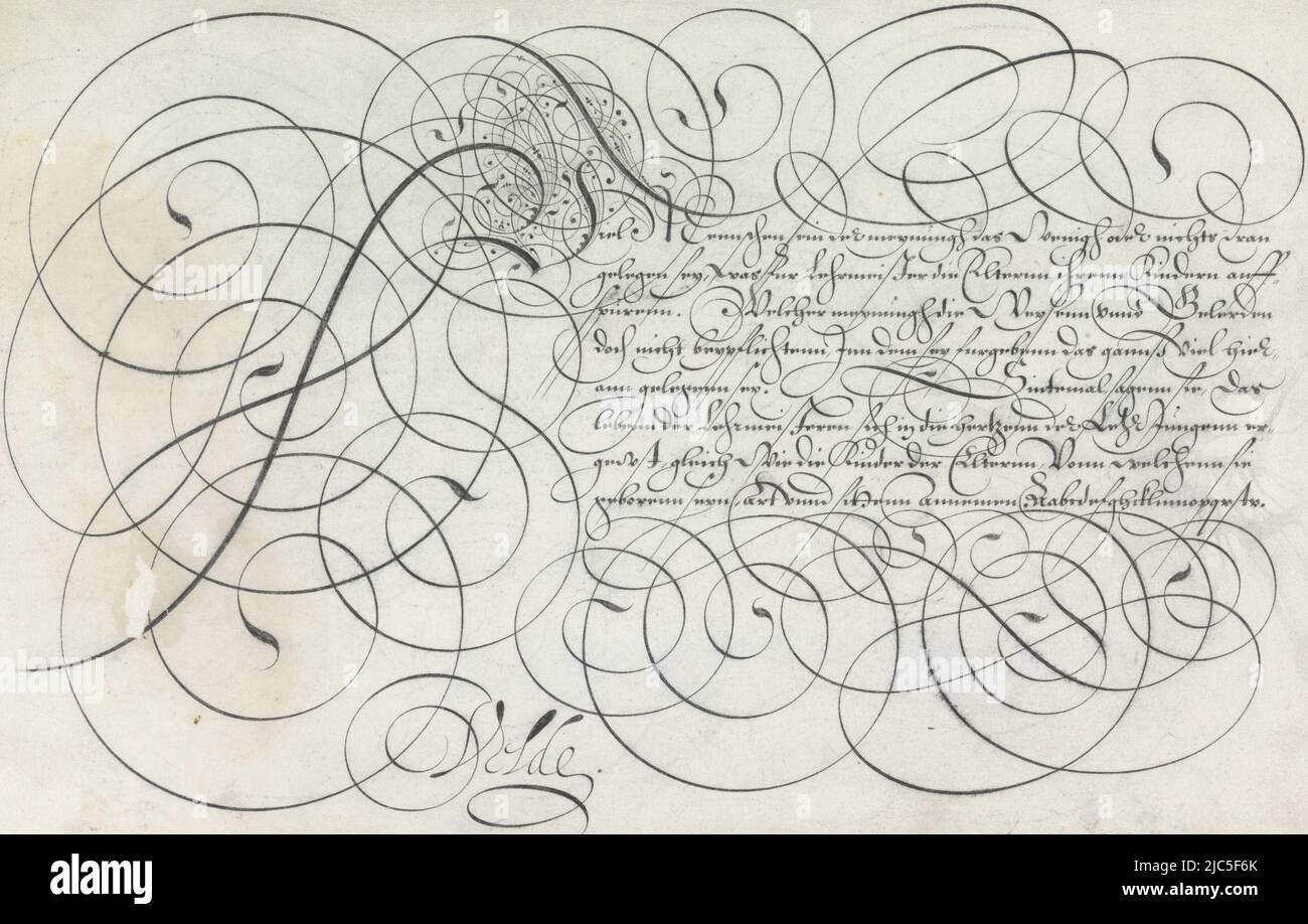 Disegno calligrafico con V iniziale ornata e otto righe di testo in ...