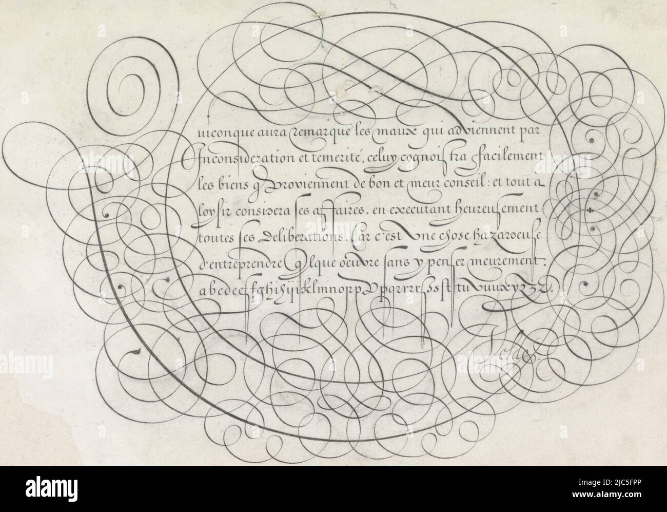 Disegno calligrafico con sette righe di testo in francese. Il testo ...