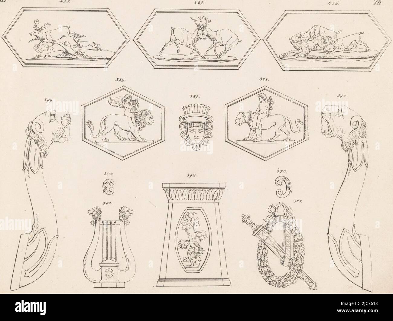 Disegni per ornamenti e cornici con animali da combattimento, putti su ...