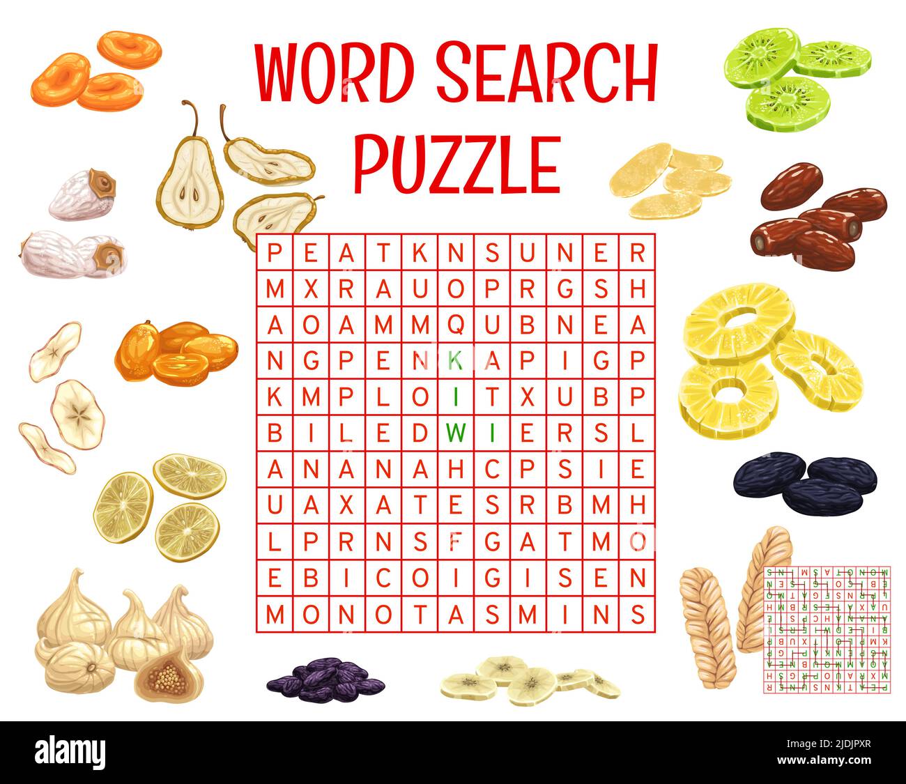 Frutta secca e spuntini sul foglio di lavoro del gioco di puzzle di ...