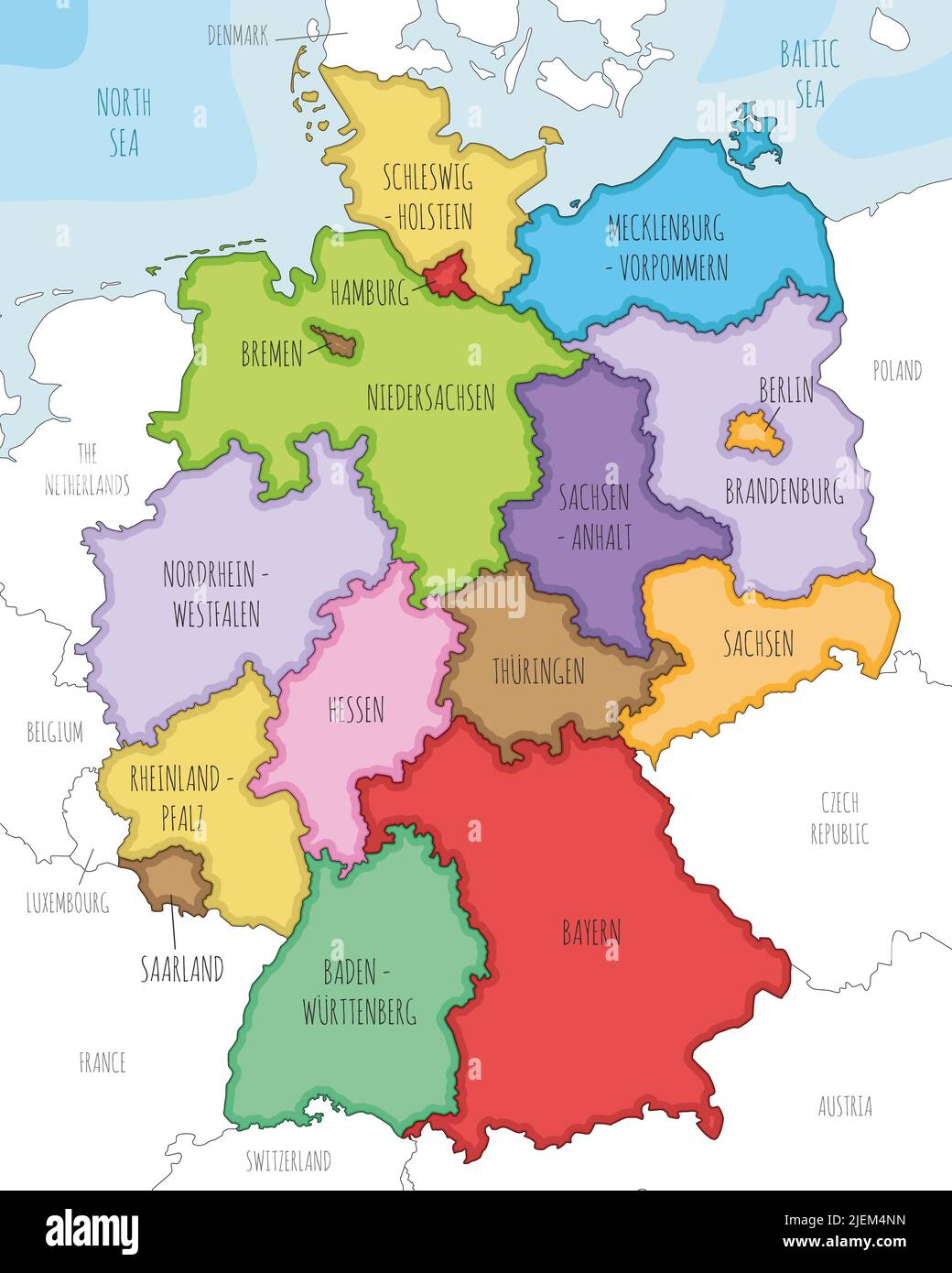 Mappa vettoriale illustrata della Germania con stati federati o regioni ...