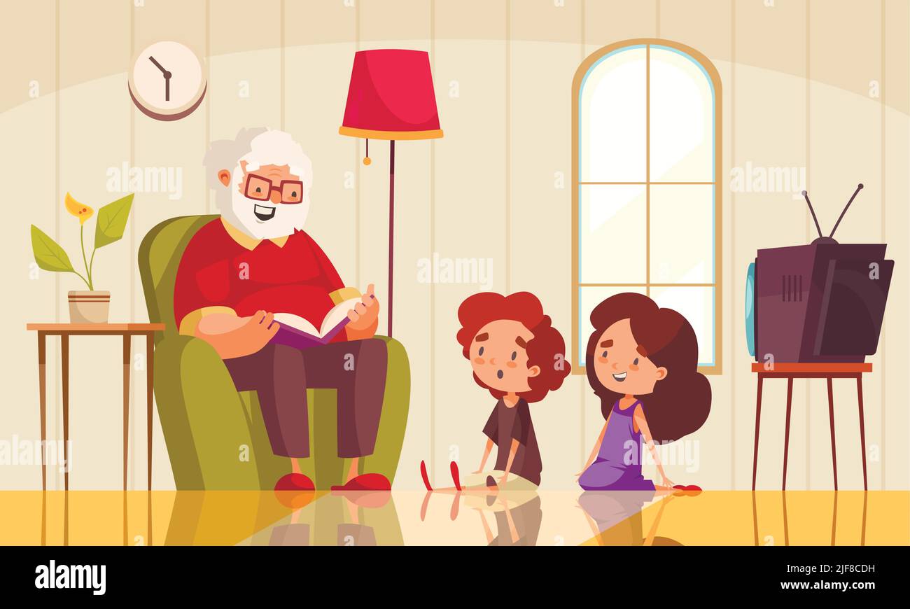 Nonno che legge uno sfondo del libro con i nipoti che ascoltano l ...