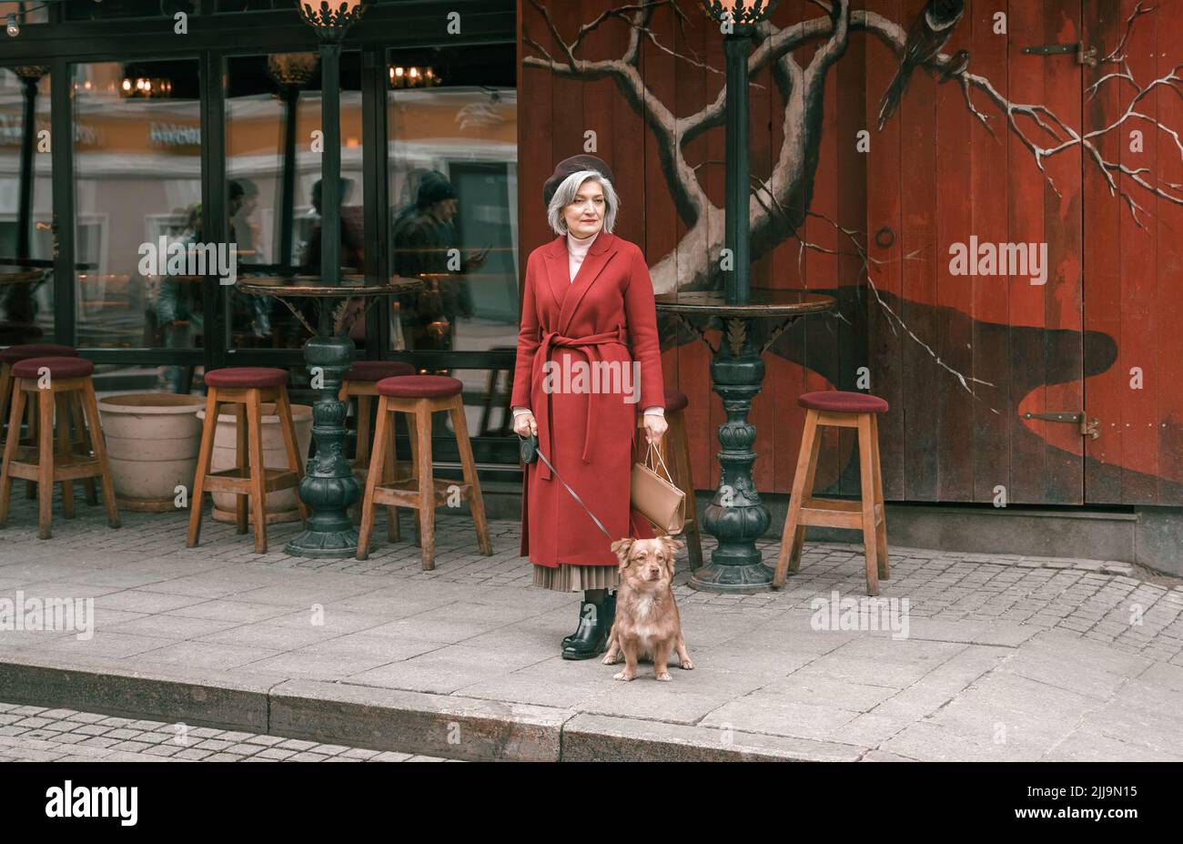 Anziana donna anziana che cammina con un bel cane in cappotto rosso ...