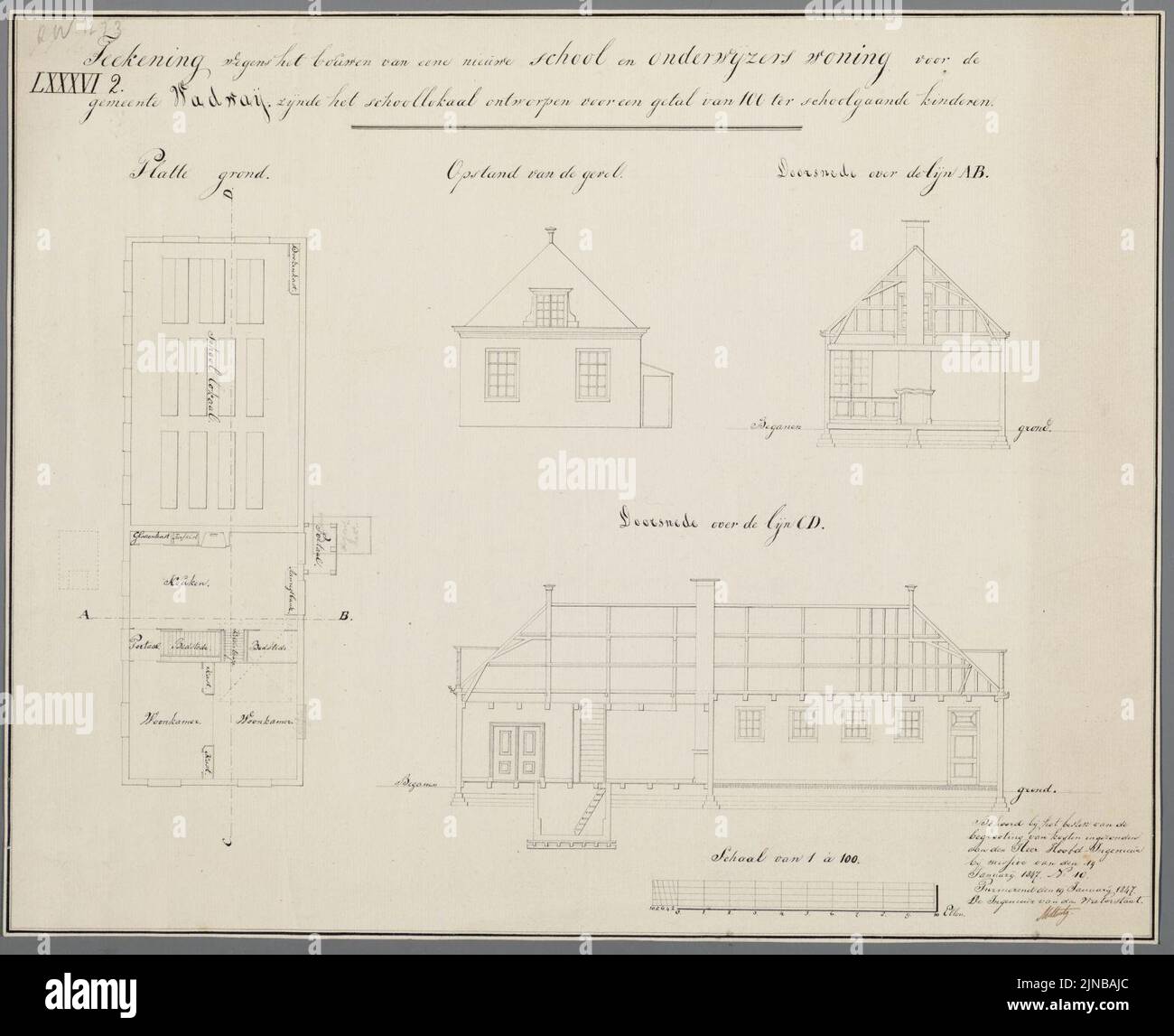 Teekening wegens het bouwen van eene nieuwe School en ...