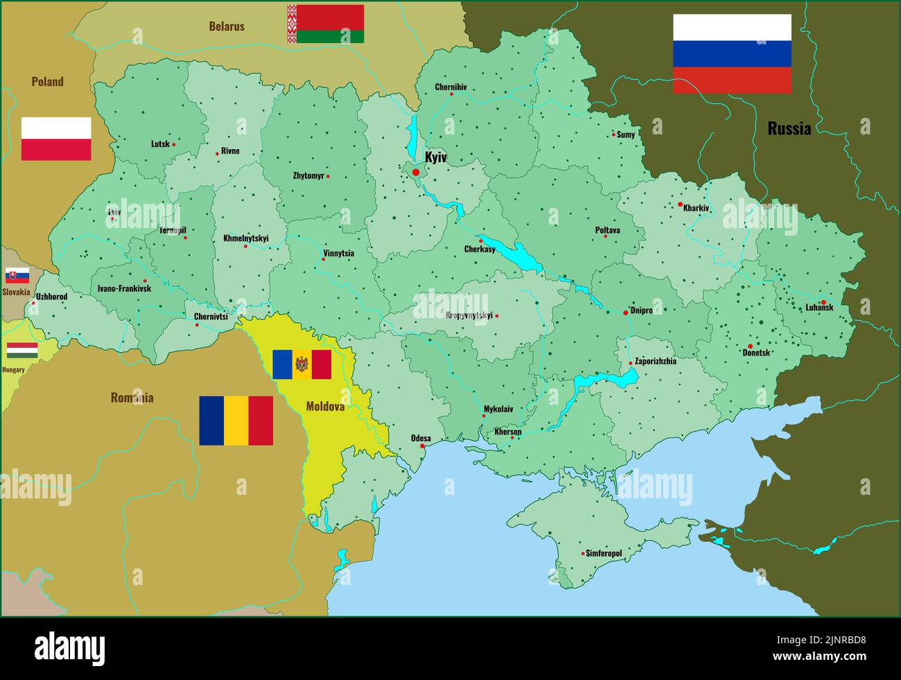 Mappa dettagliata dell'Ucraina con città, fiumi, regioni. Illustrazione ...