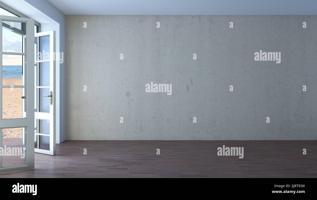 Camera vuota con porte aperte che si affaccia sulla spiaggia, sabbia ...