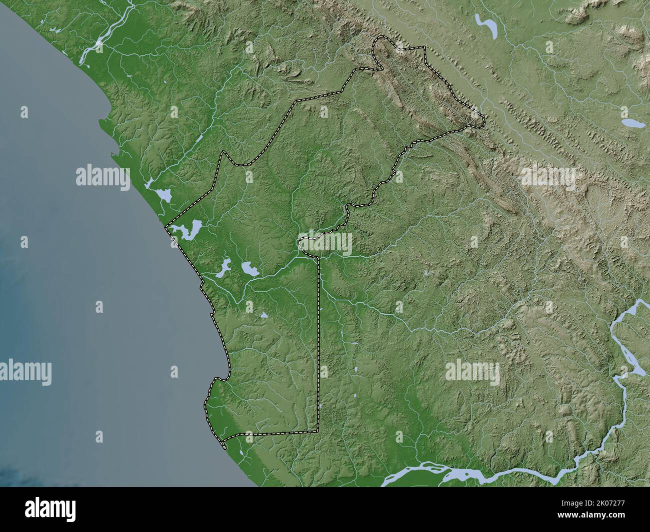 Cabinda, provincia dell'Angola. Mappa dell'altitudine colorata in stile ...
