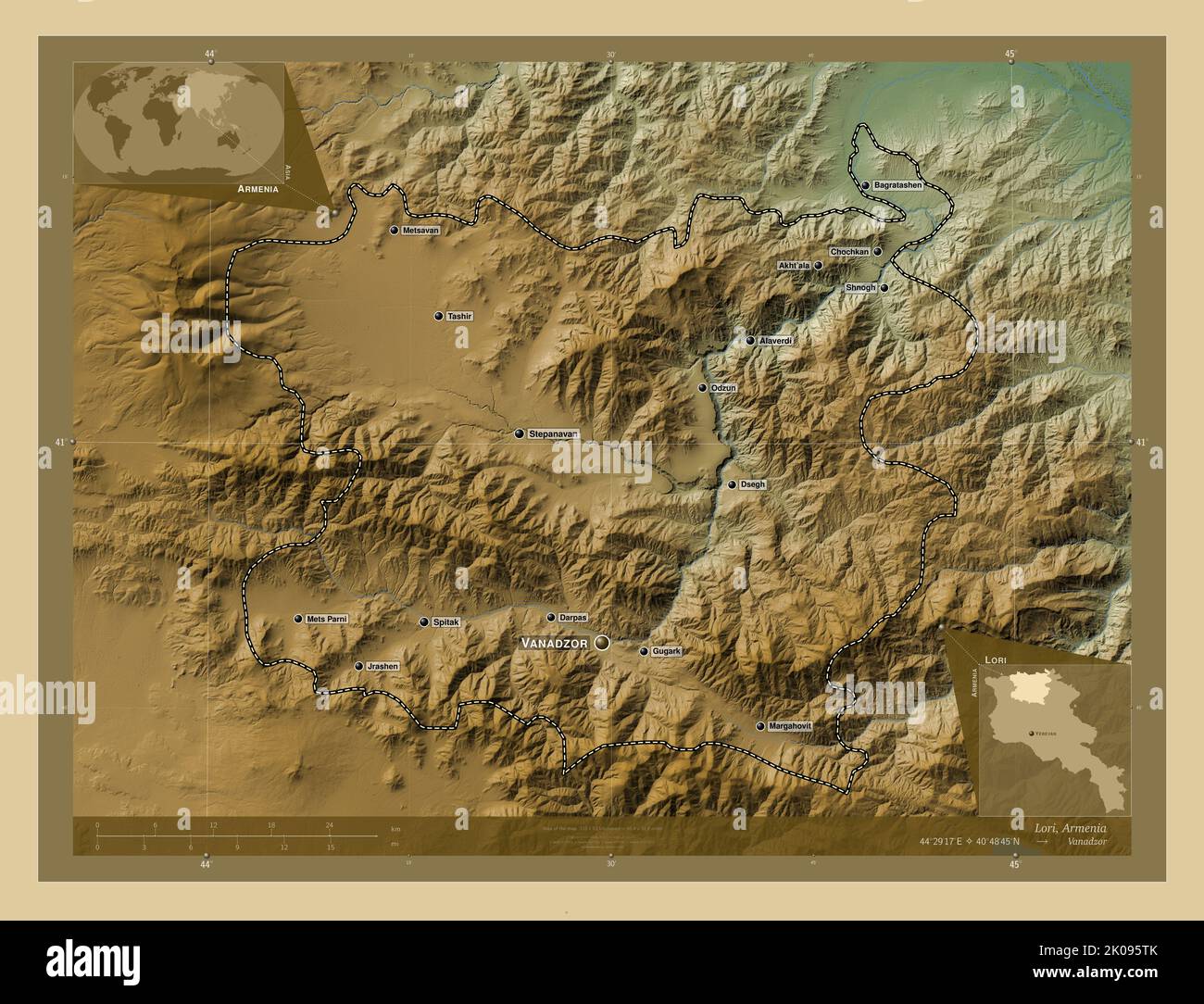 Lori, provincia di Armenia. Mappa di altitudine colorata con laghi e ...