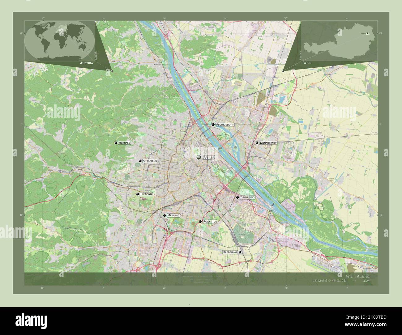 Wien, stato dell'Austria. Aprire la mappa stradale. Località e nomi ...