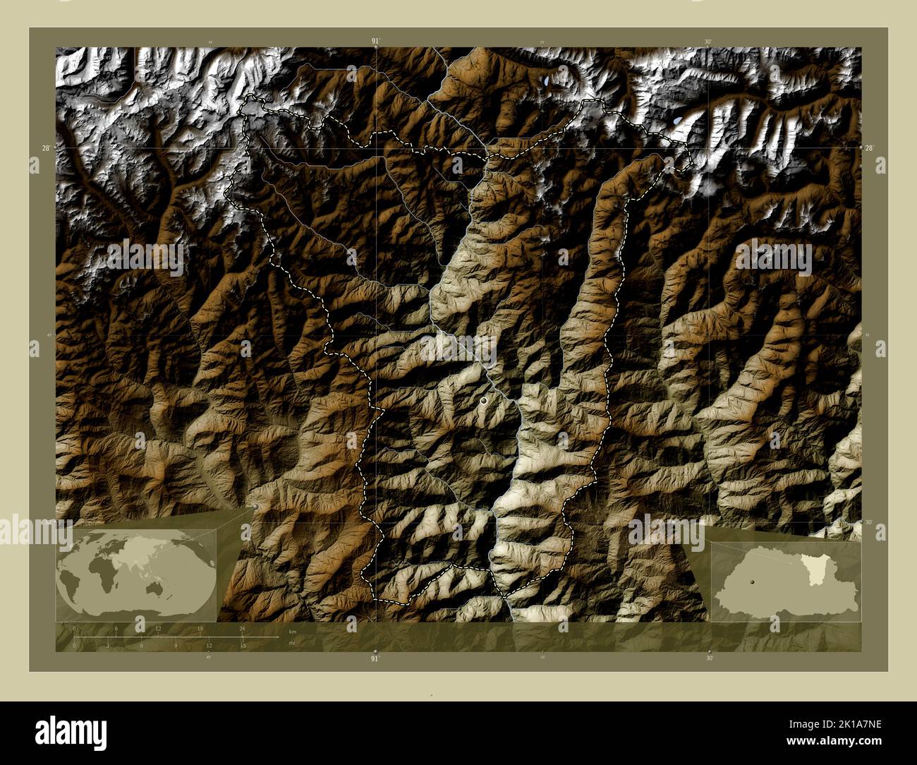Lhuentse, distretto di Bhutan. Mappa dell'altitudine colorata in stile ...