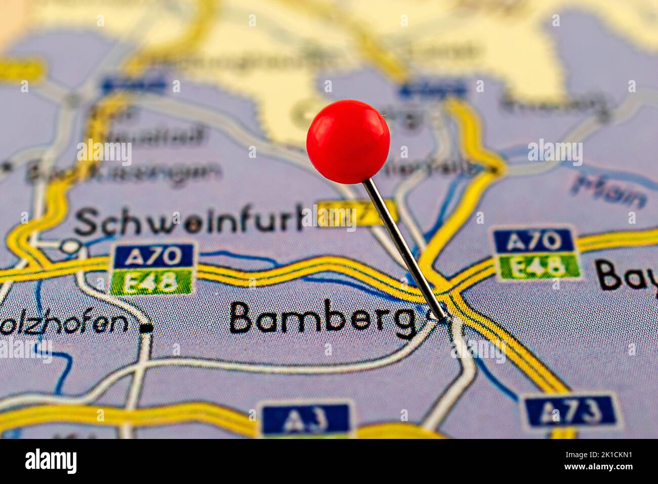 Mappa di Bamberg. Primo piano della mappa di Bamberga con la puntina ...