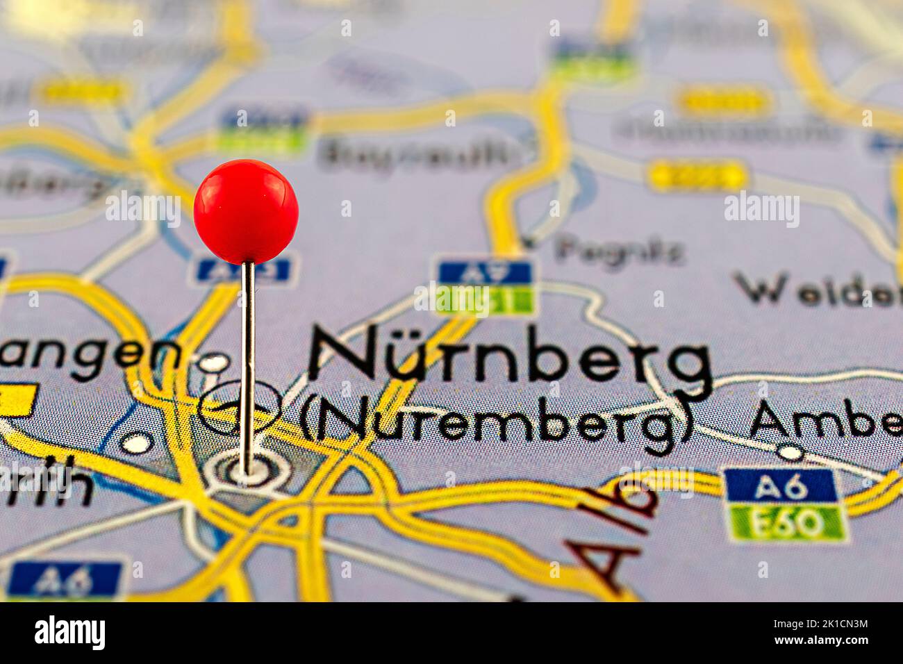 Mappa Nürnberg. Primo piano della mappa di Nürnberg con il puntino ...