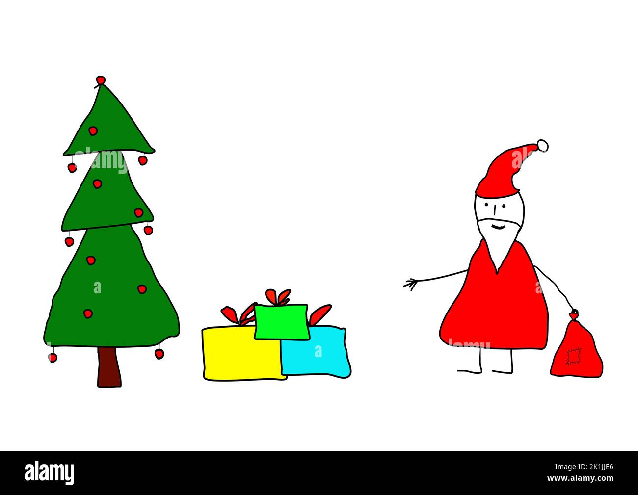 Concetto di Natale, disegnato da un bambino. Babbo Natale è arrivato e sta dando doni a tutta la ...