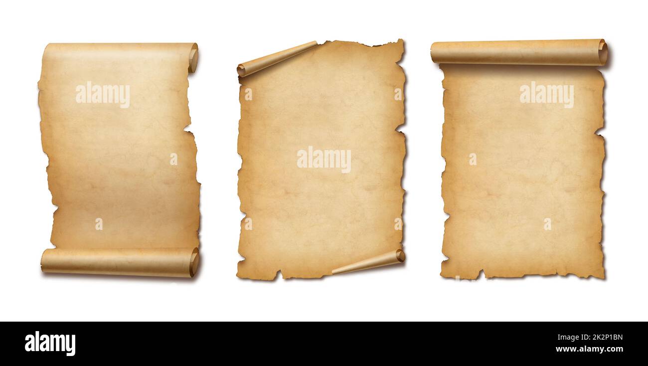 Vecchio set di scroll di carta pergamena isolato su bianco con ombra ...