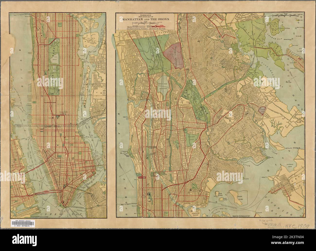La nuova mappa di Hammond di Manhattan e del Bronx. 1909. Cartografia ...